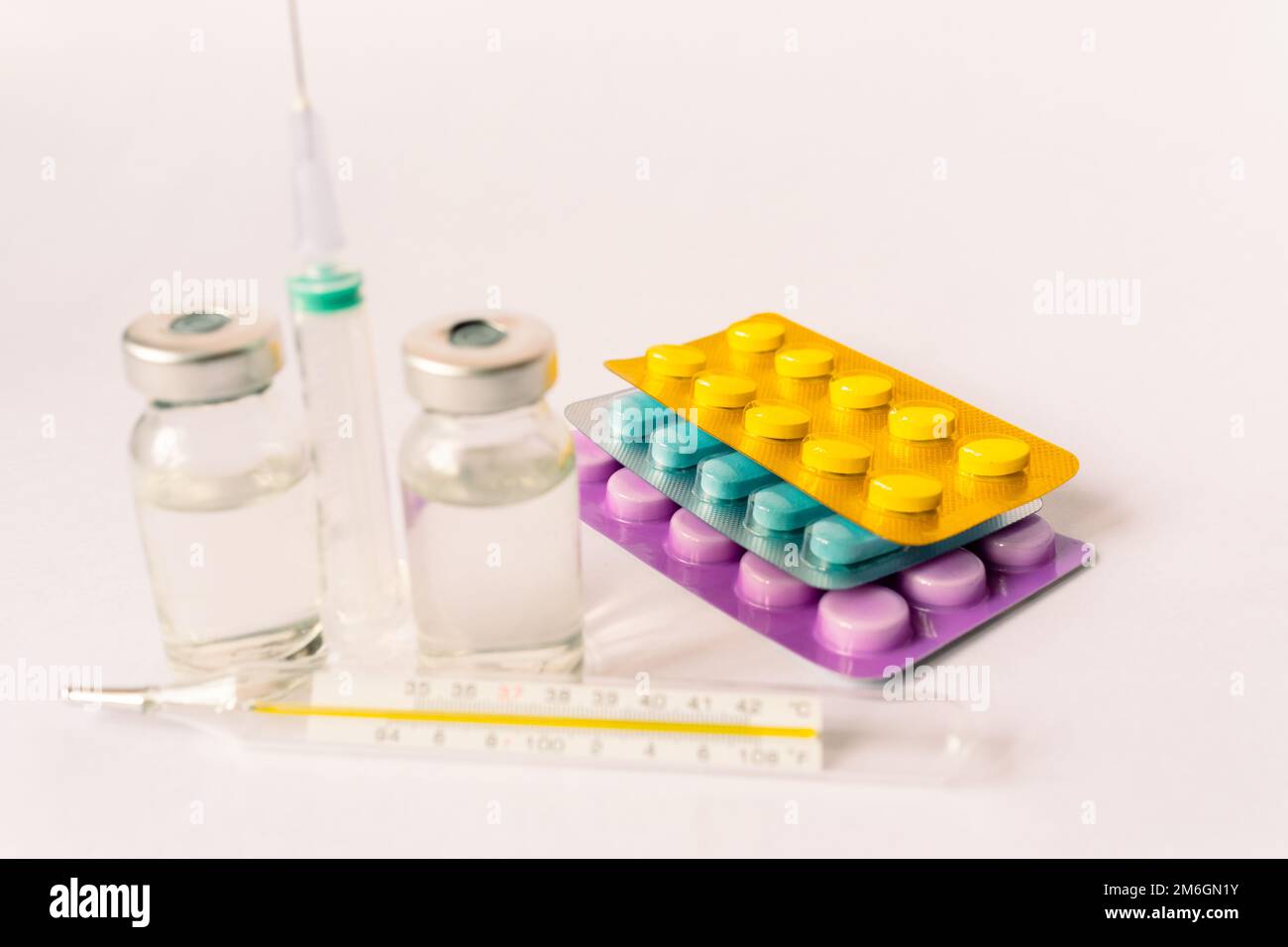 Various medical equipment, thermometer, ampoules, pipette, drugs ...