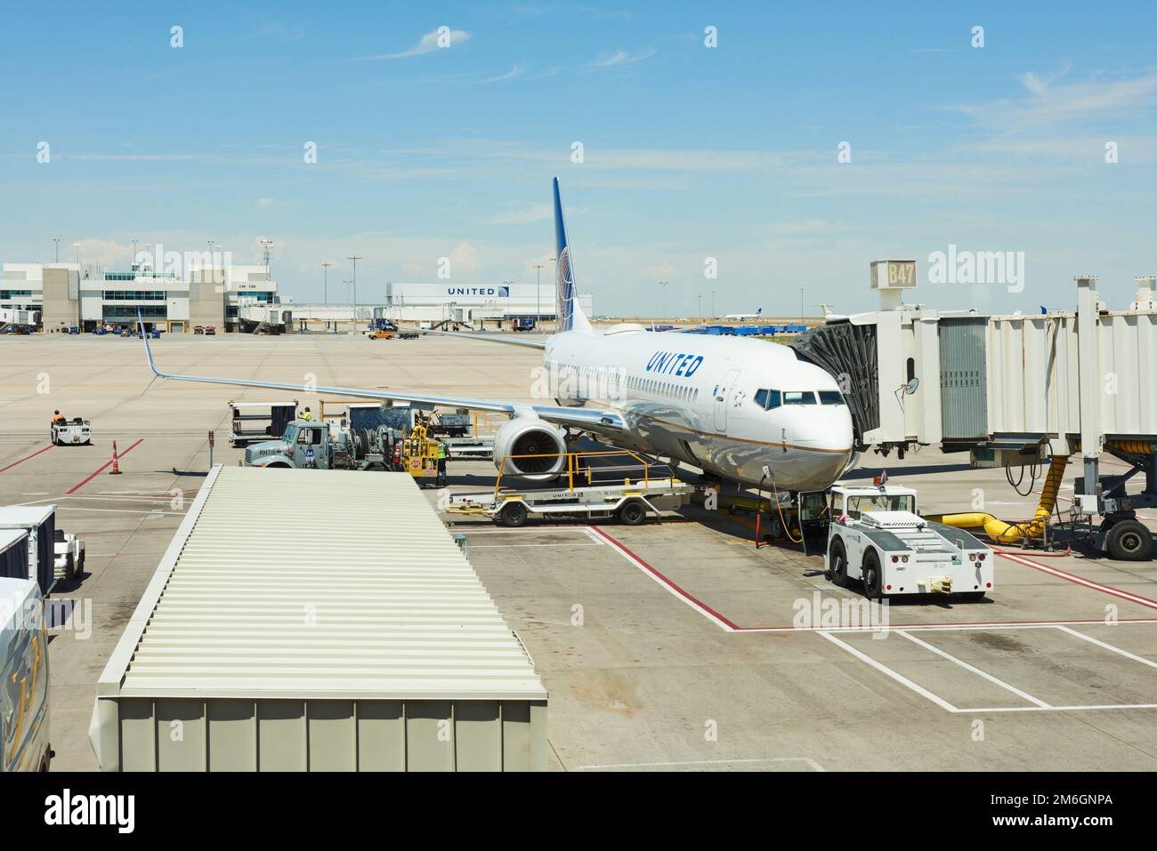 A united aircraft is prepared at Denver airport in Colorado, United ...