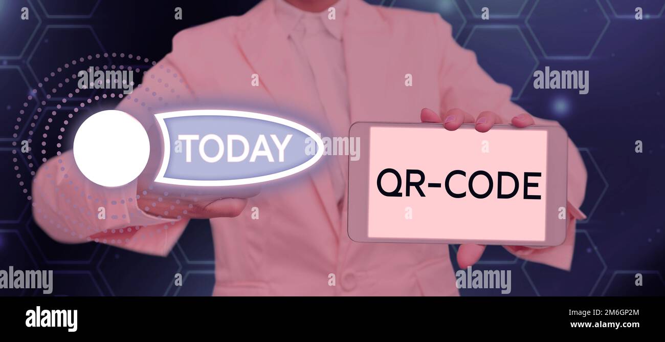 Text caption presenting Qr Code. Word Written on the trademark for a ...