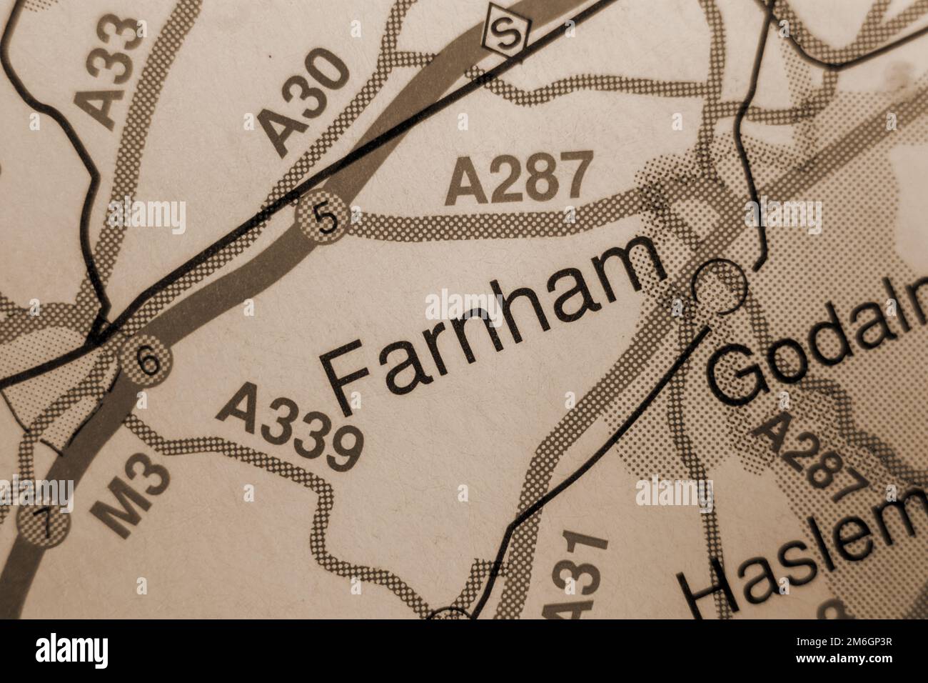 Farnham, United Kingdom atlas map town name - sepia Stock Photo - Alamy