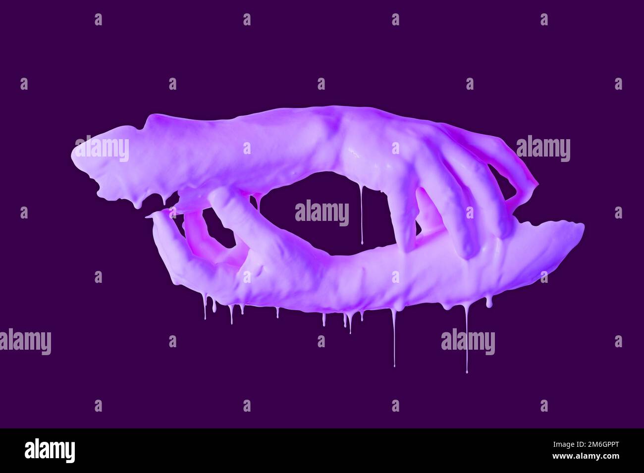 Human fingers dipped in color paint. Painted hands. Liquid drips off ...