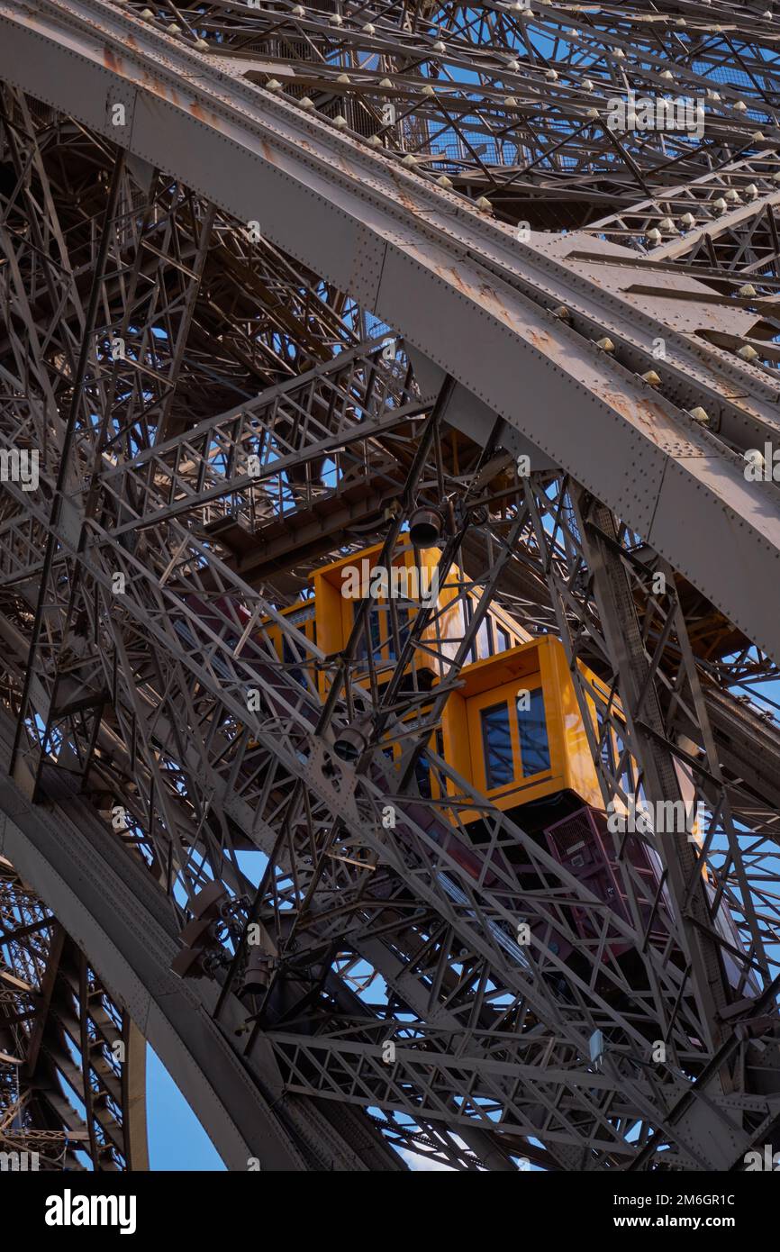 The Iconic and Famous Eiffel Tower Yellow Elevator in a Pillar - Paris ...