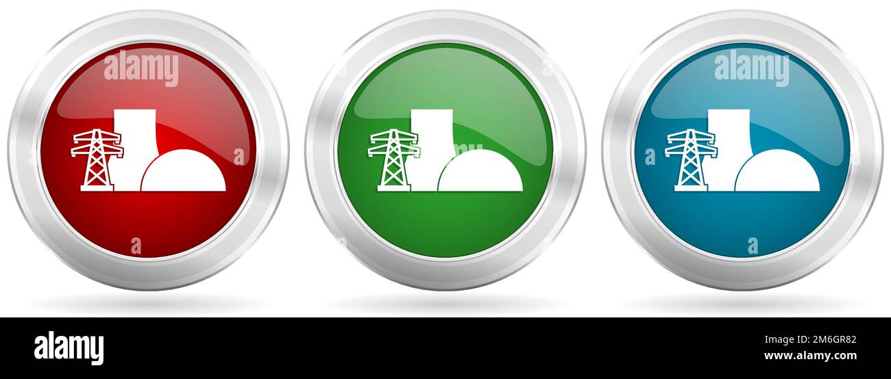 Nuclear power plant vector icon set. Red, blue and green silver ...