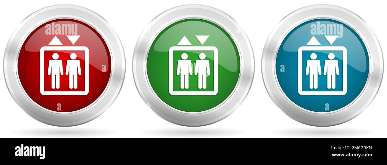 Elevator, lift vector icon set. Red, blue and green silver metallic web ...