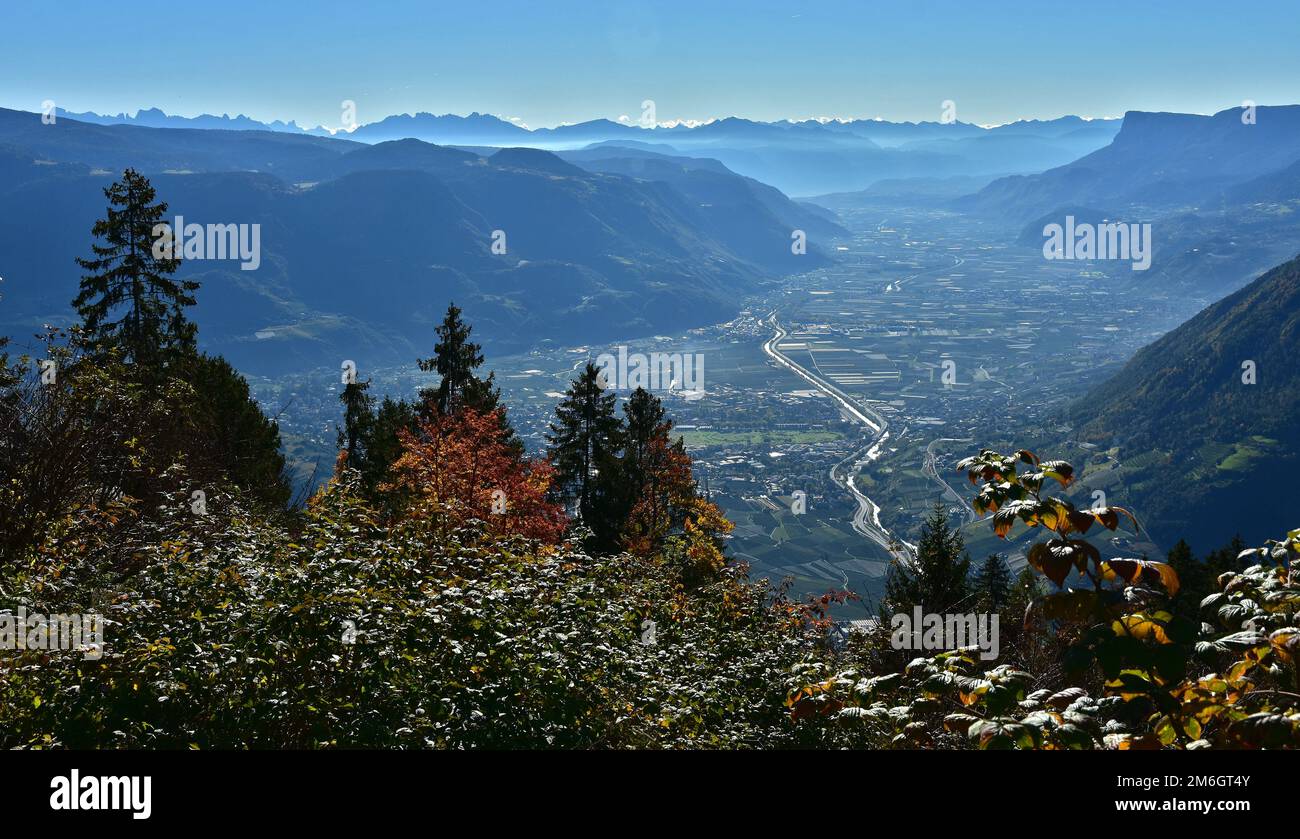 South Tyrol near Meran, view over Meran to the Dolomites Rosengarten ...