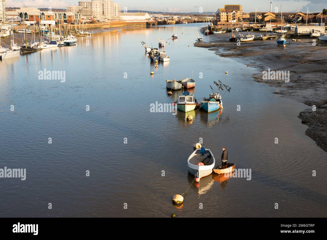 Views of boats in the coastal town of Shoreham in Sussex. Photo date ...