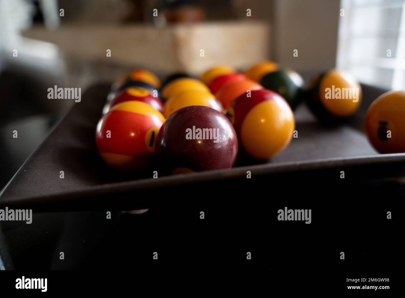 pool balls in wooden tray Stock Photo - Alamy