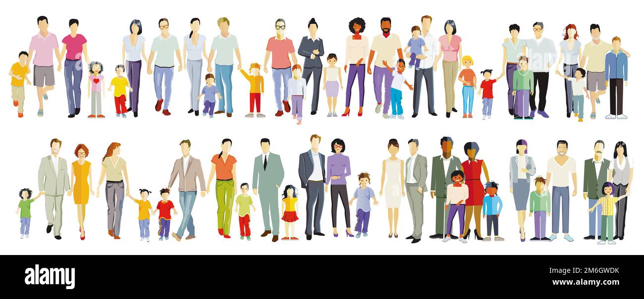 Parents and children, families groups isolated on white, illustration ...