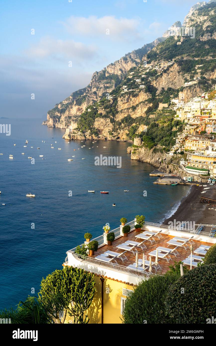Empty sun bathing balcony with a view of Amalfi coast Stock Photo - Alamy