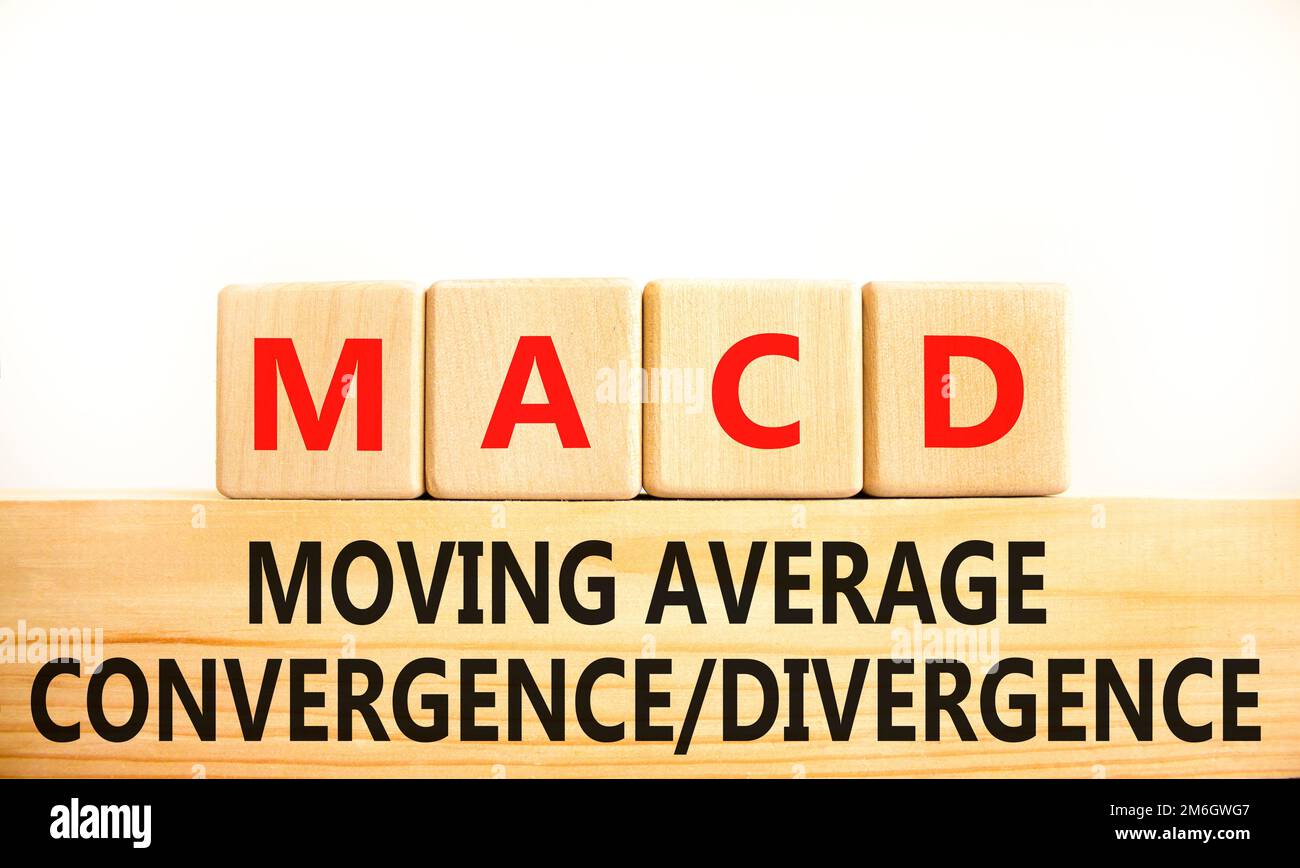 MACD symbol. Concept words MACD moving average convergence divergence on wooden block on ...
