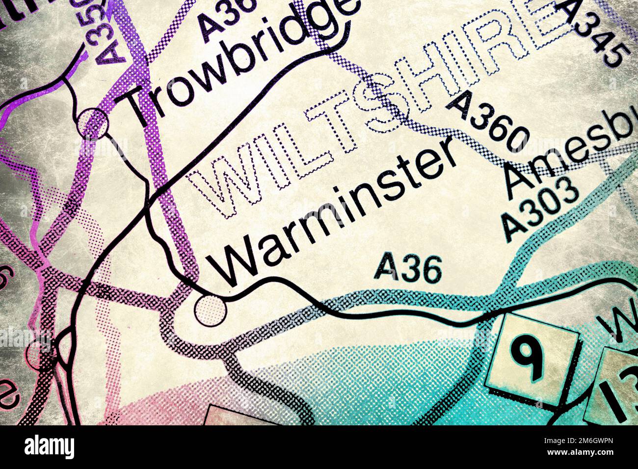 Warminster, United Kingdom atlas map town name - watercolour effect ...