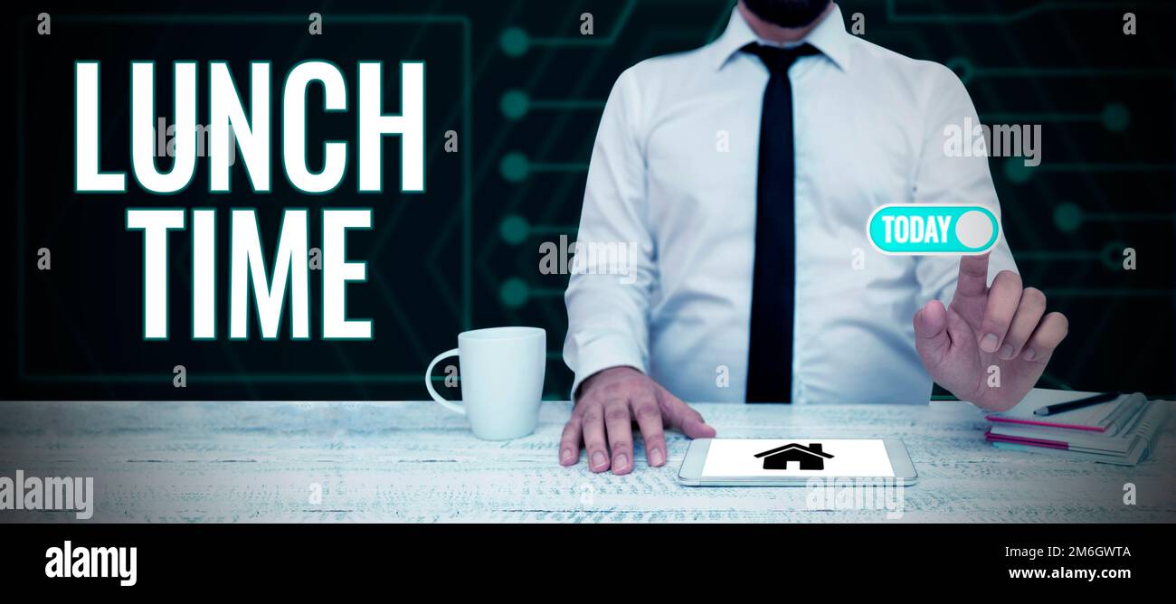 Text caption presenting Lunch Time. Business idea Meal in the middle of ...