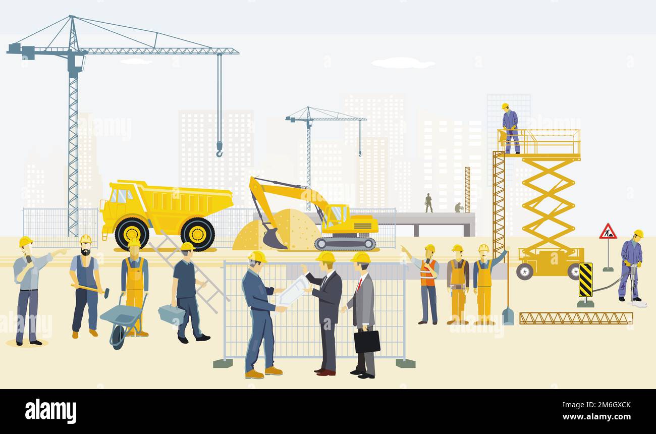 Construction site with excavator, architect and heavy truck Stock Photo ...
