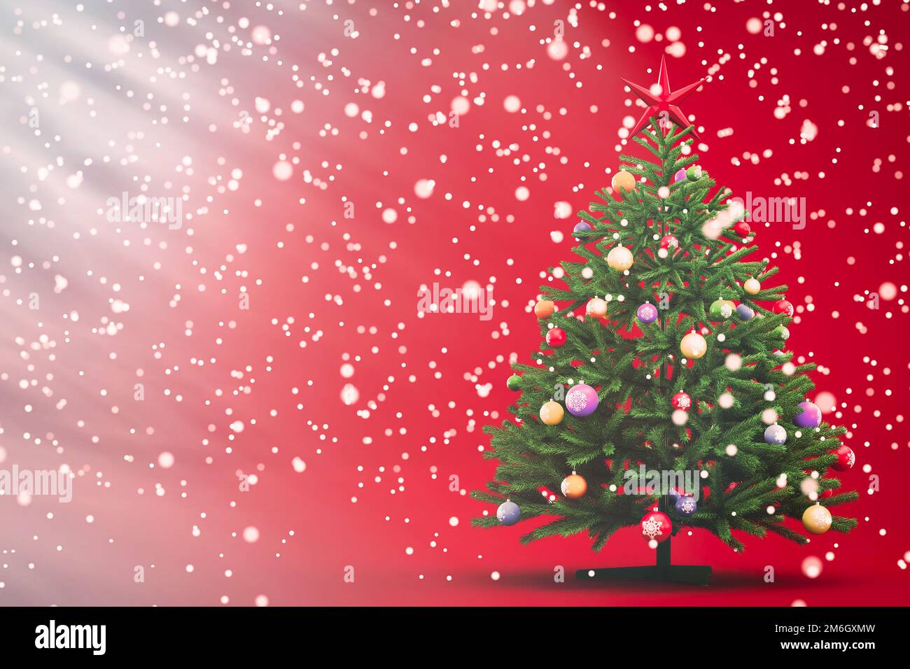 Christmas tree. Red background, gradient of light rays. Defocus light ...