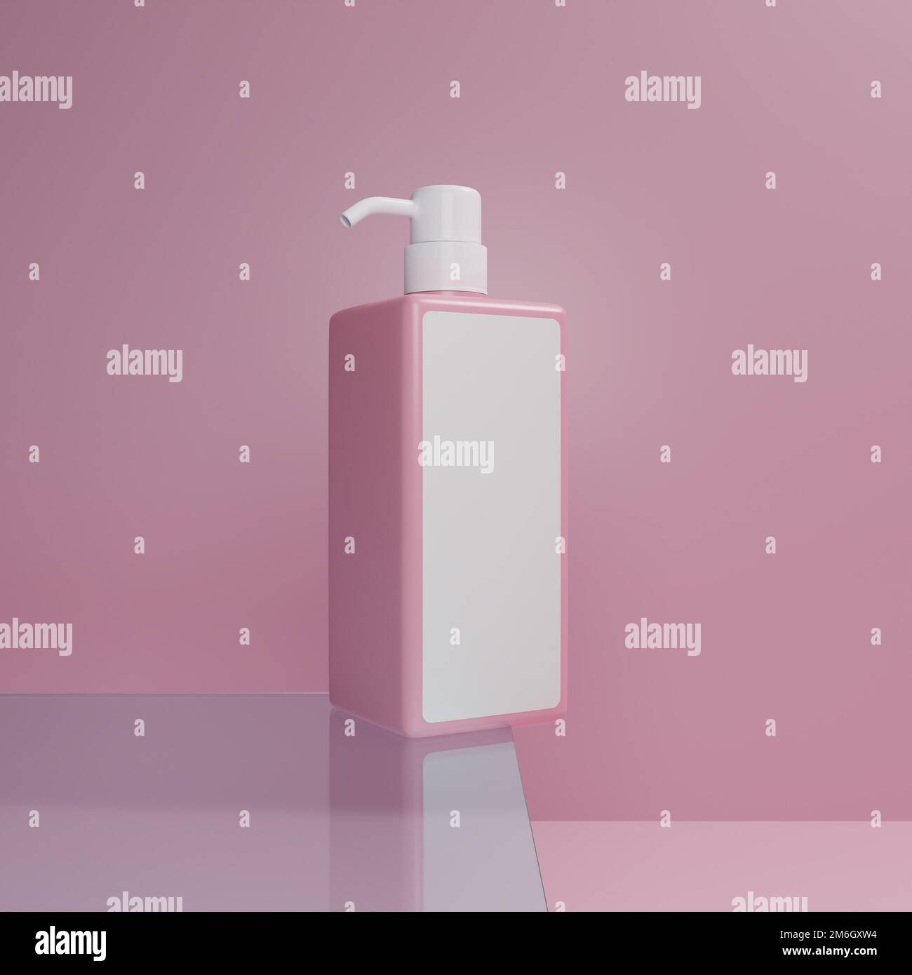 3D rendering pink lotion headpump bottle with white label on pink ...