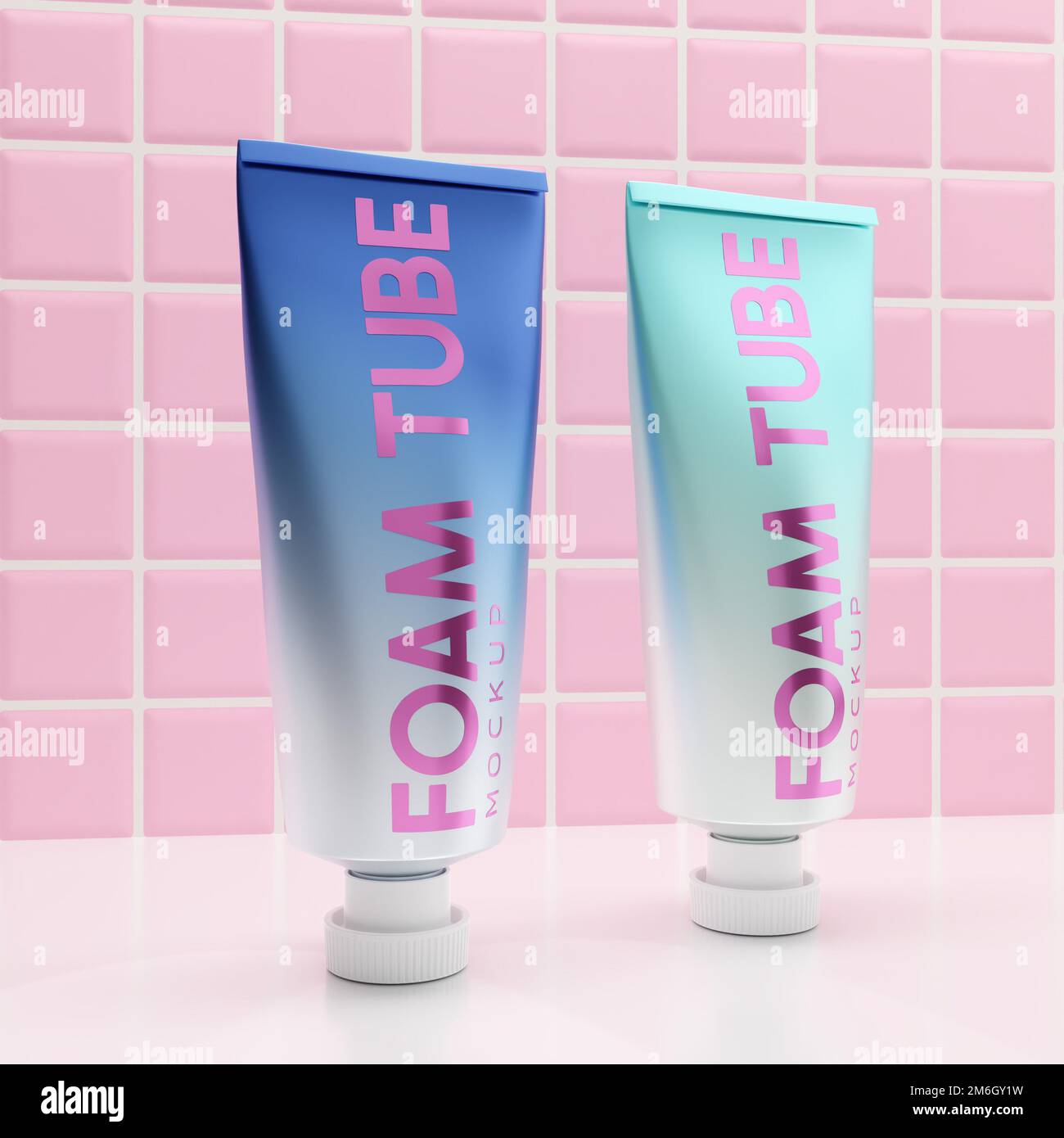 3D rendering facial foam tube mockup on pink tile background Stock ...