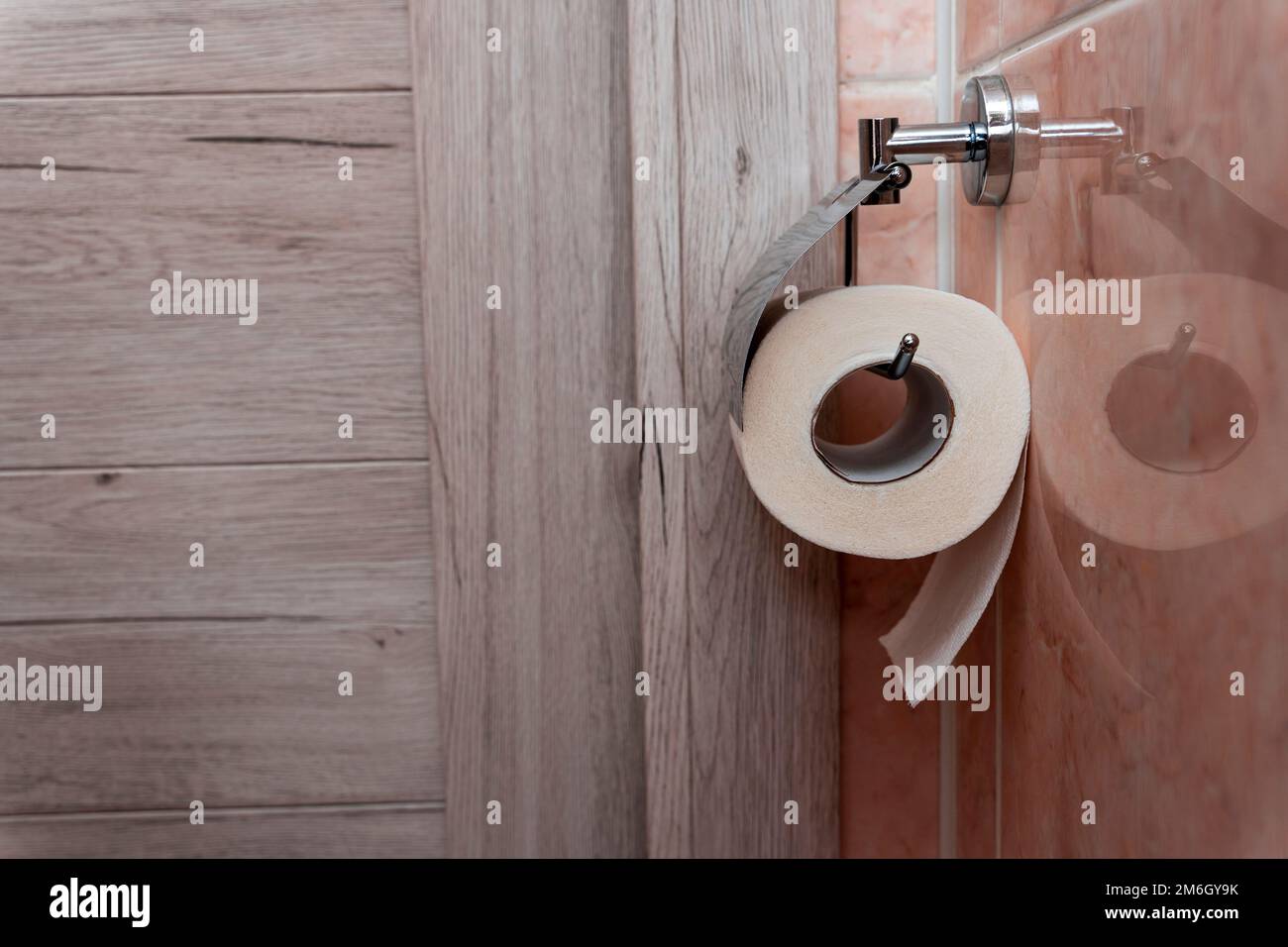 a roll of toilet paper hanging in a holder in the toilet Stock Photo ...