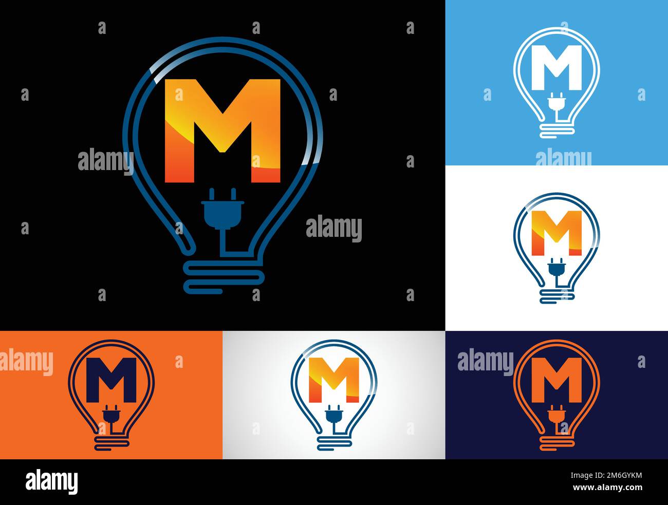 Initial alphabet M with an electric bulb. Electric bulb logo vector ...