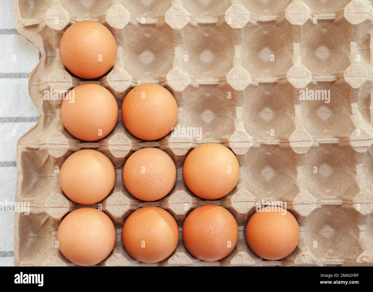 A few brown eggs among the empty cells of a large cardboard bag Stock ...