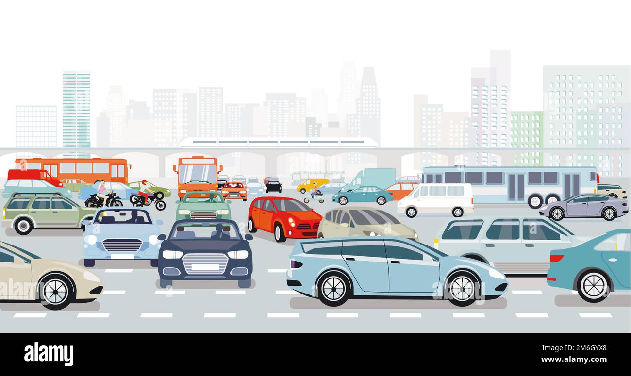 Big city in rush hour in an intersection in traffic jam and public ...