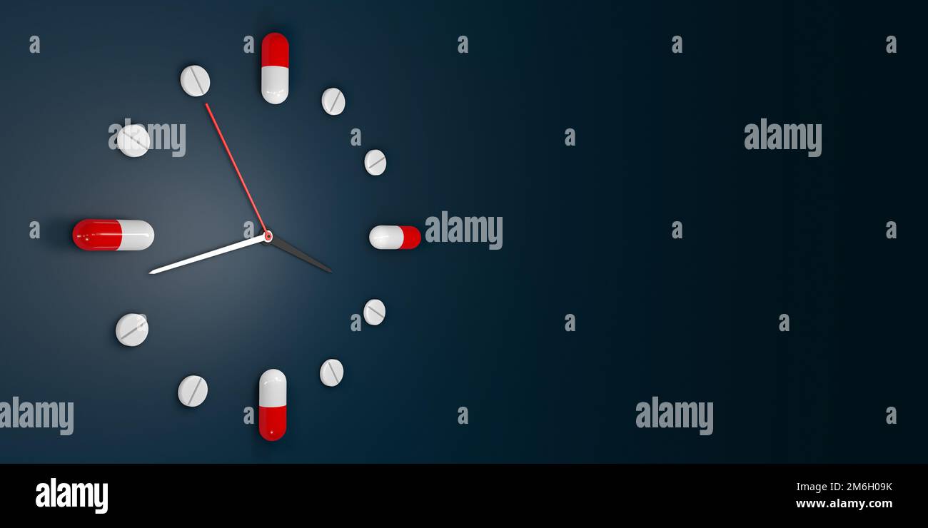 Clock watch, consisting of capsules and pills, indicating at what time ...
