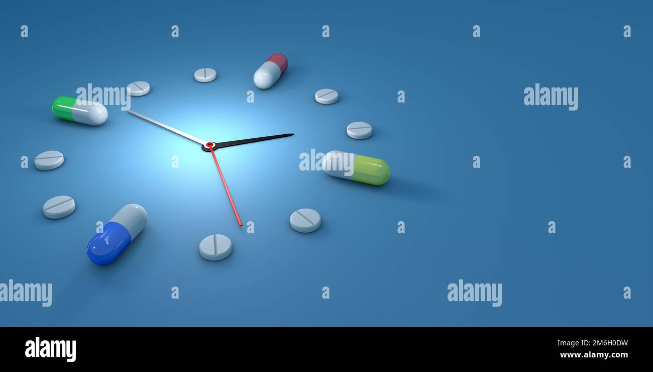 Clock watch, consisting of capsules and pills, indicating at what time ...