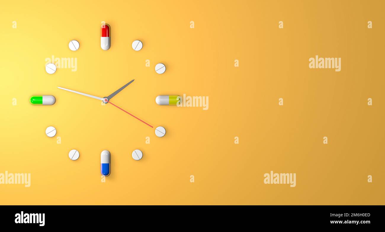 Clock watch, consisting of capsules and pills, indicating at what time ...