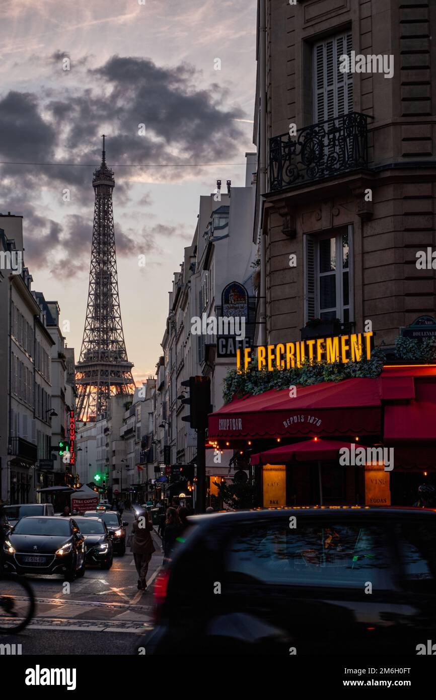 Picturesque Street at Dusk Sunset with Views of The Eiffel Tower and an ...