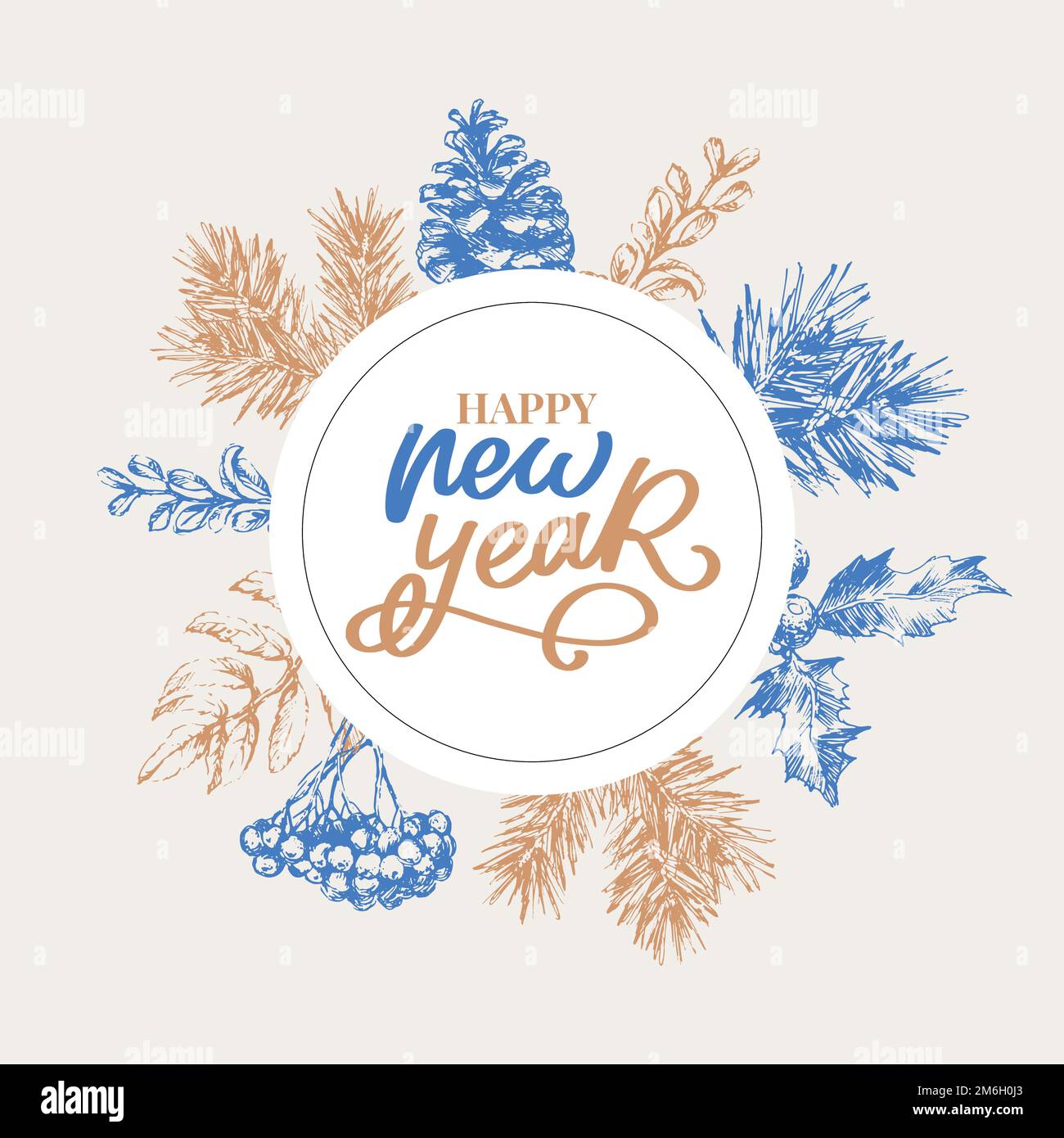 Happy New Year Abstract Botanical Card with Square Frame Banner and ...