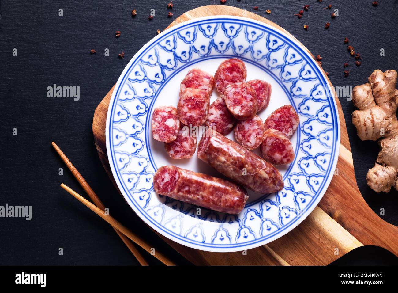 Food concept Sweet Chinese sausage Lap cheong in asia style plate on ...