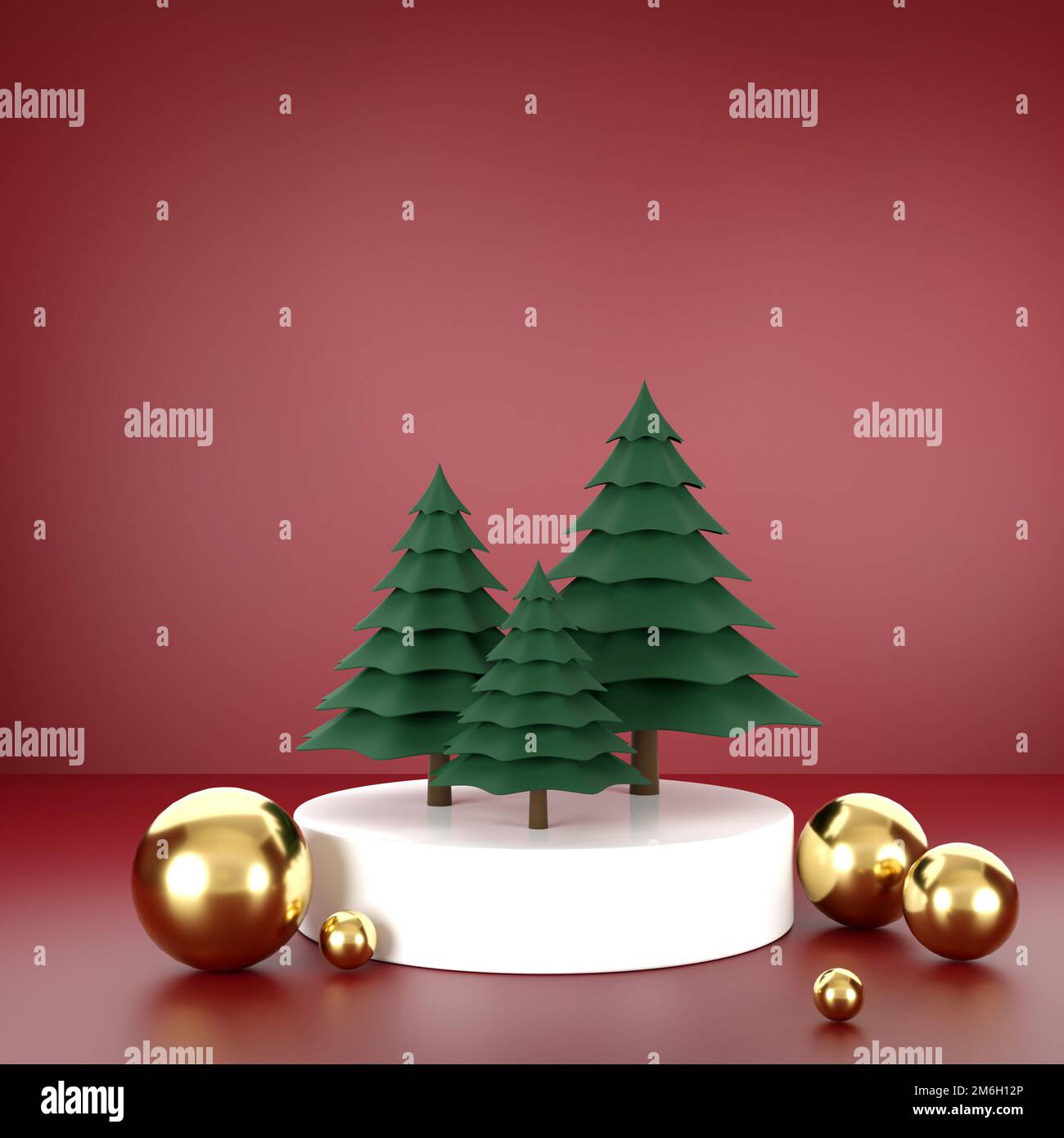 3D rendering christmas ball and christmas tree on red background Stock ...