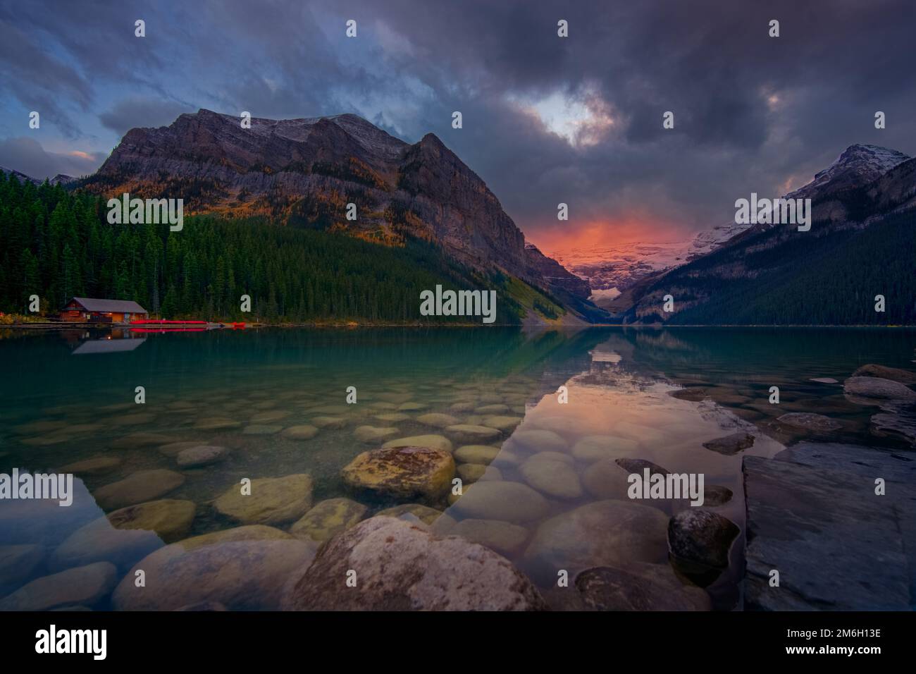 A beautiful fall evening at the Lake Louise in Banff National Park ...