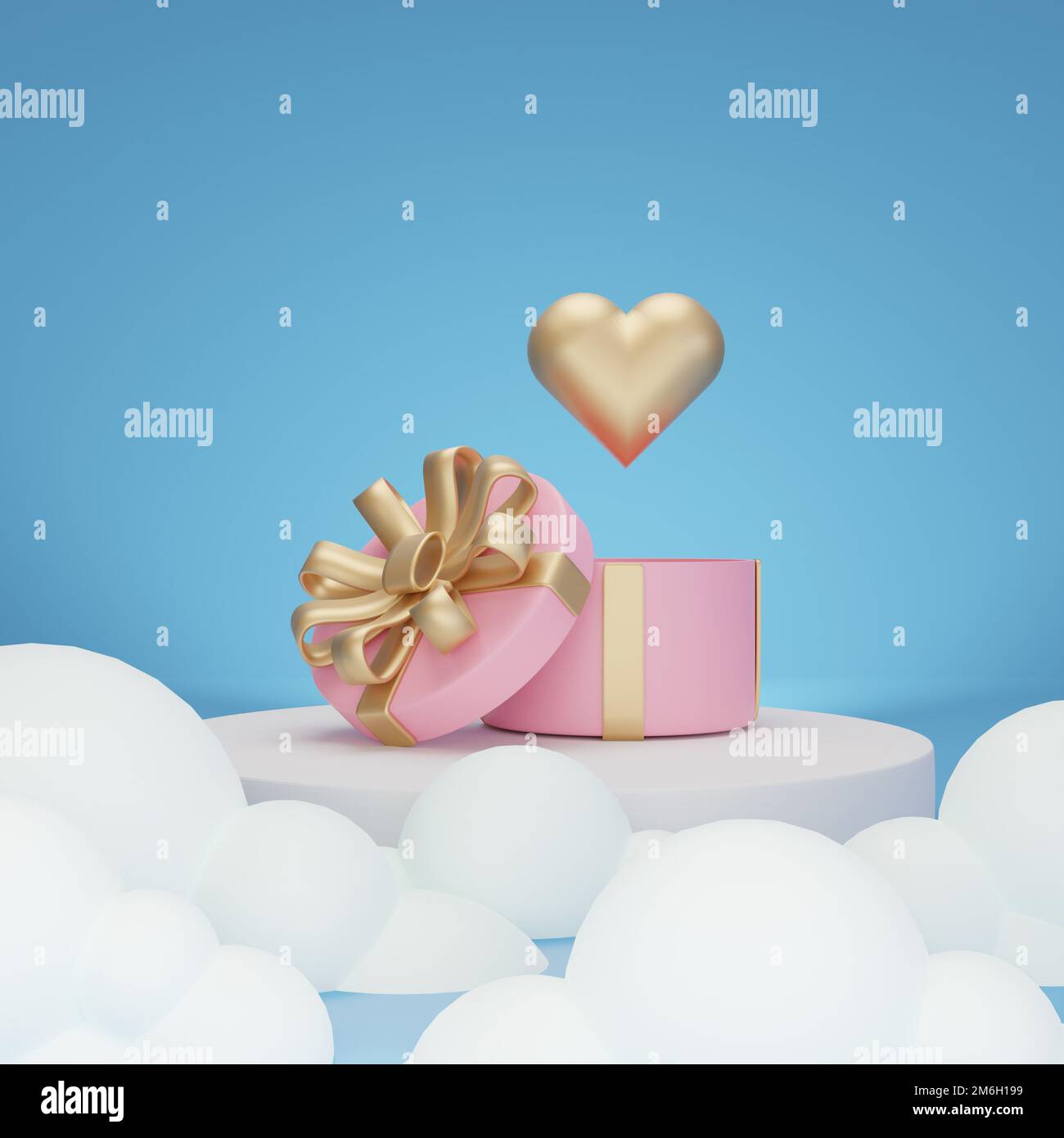 3D rendering pink gift box with gold ribbon on blue background Stock ...
