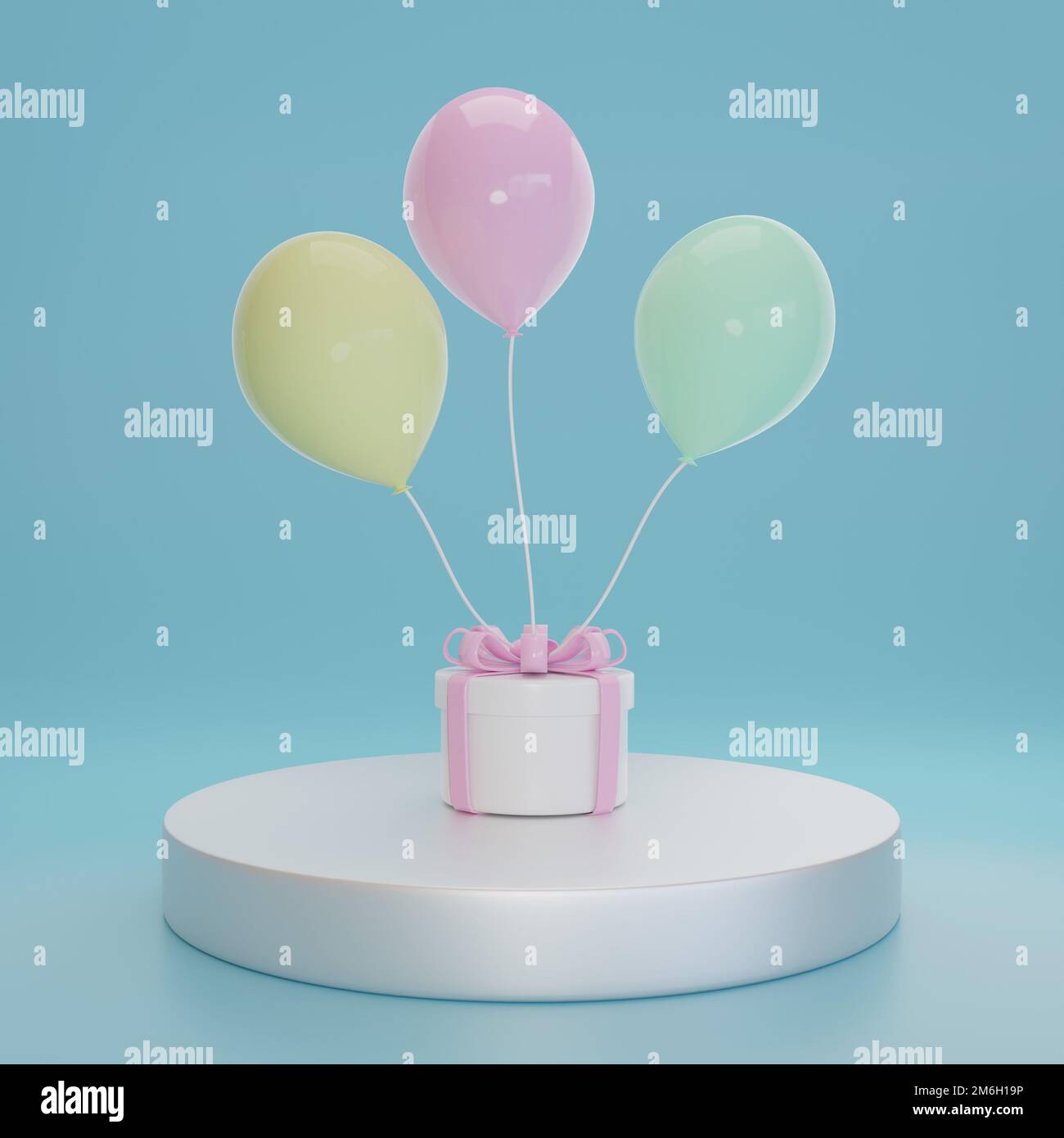 3D rendering white gift box with pastel balloon on turntable Stock ...