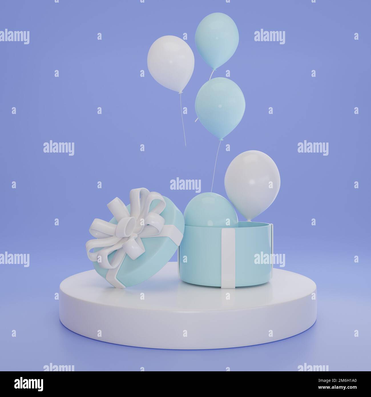3D rendering pastel balloon floated up from blue gift box on blue ...