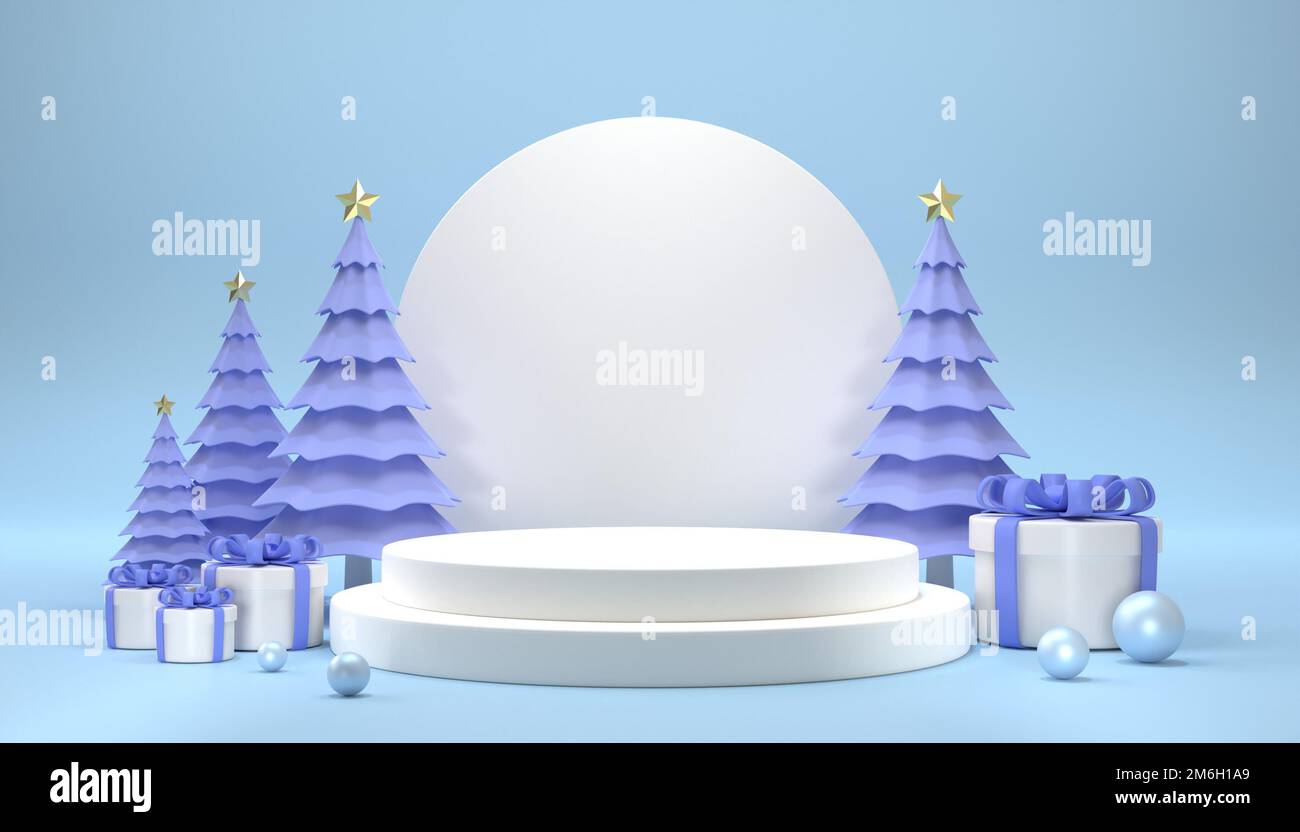 3D rendering white gift box with christmas tree on blue background ...