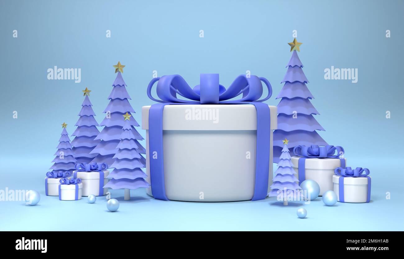 3D rendering white gift box with christmas tree on blue background ...