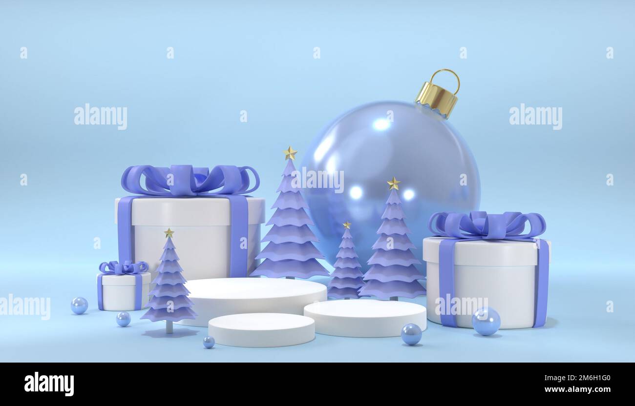 3D rendering white gift box with christmas tree on blue background ...