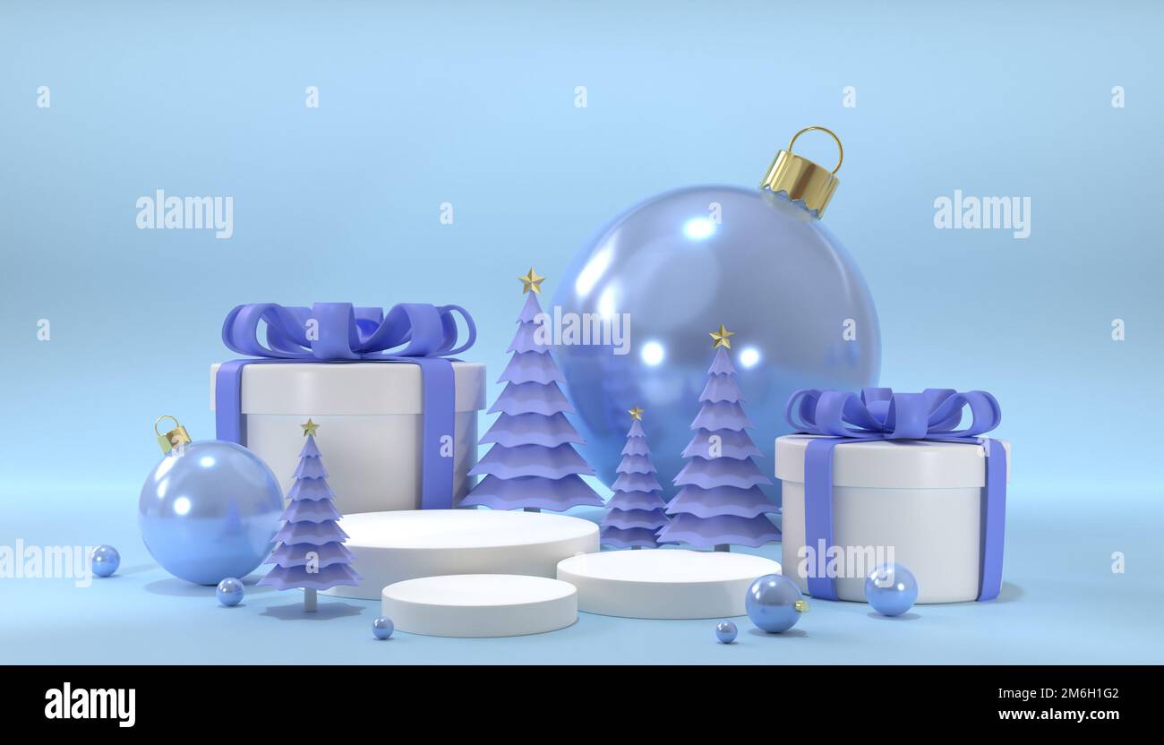 3D rendering white gift box with christmas tree on blue background ...