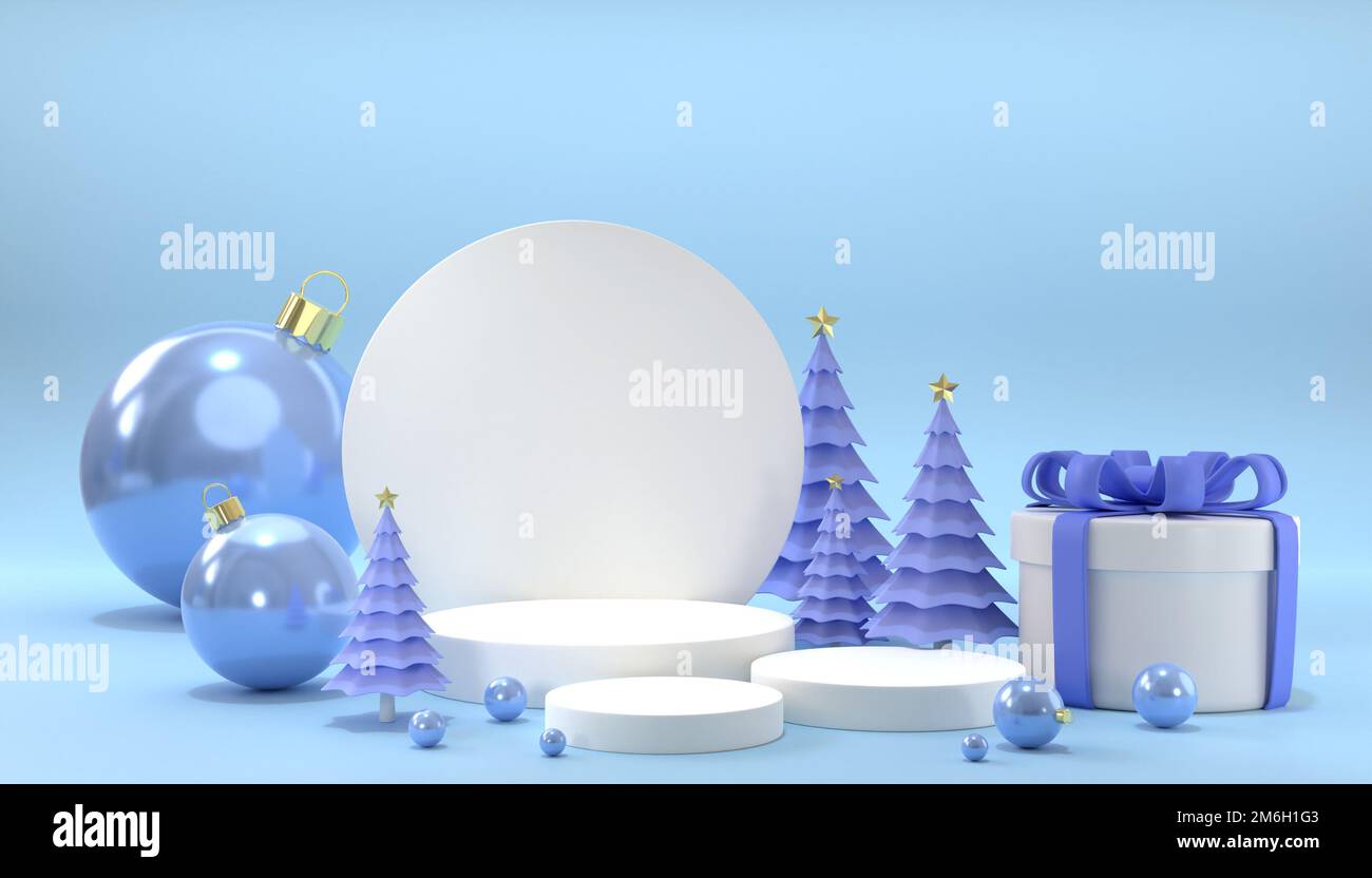 3D rendering white gift box with christmas tree on blue background ...