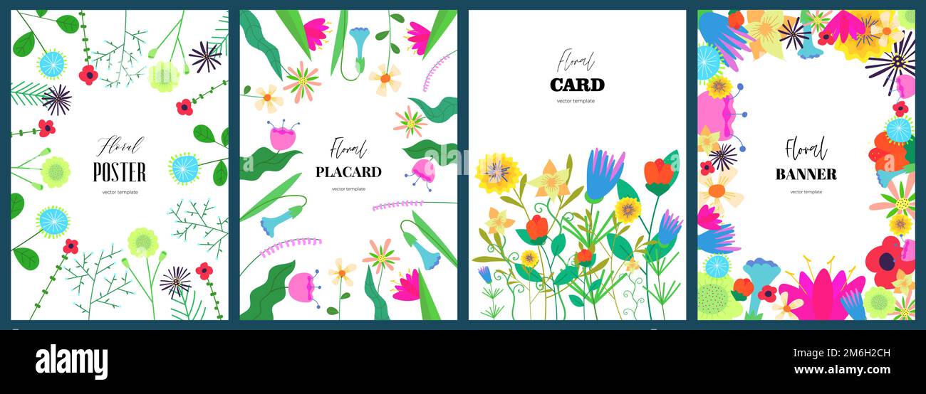 Poster template set with abstract drawing flowers. Floral art hand ...