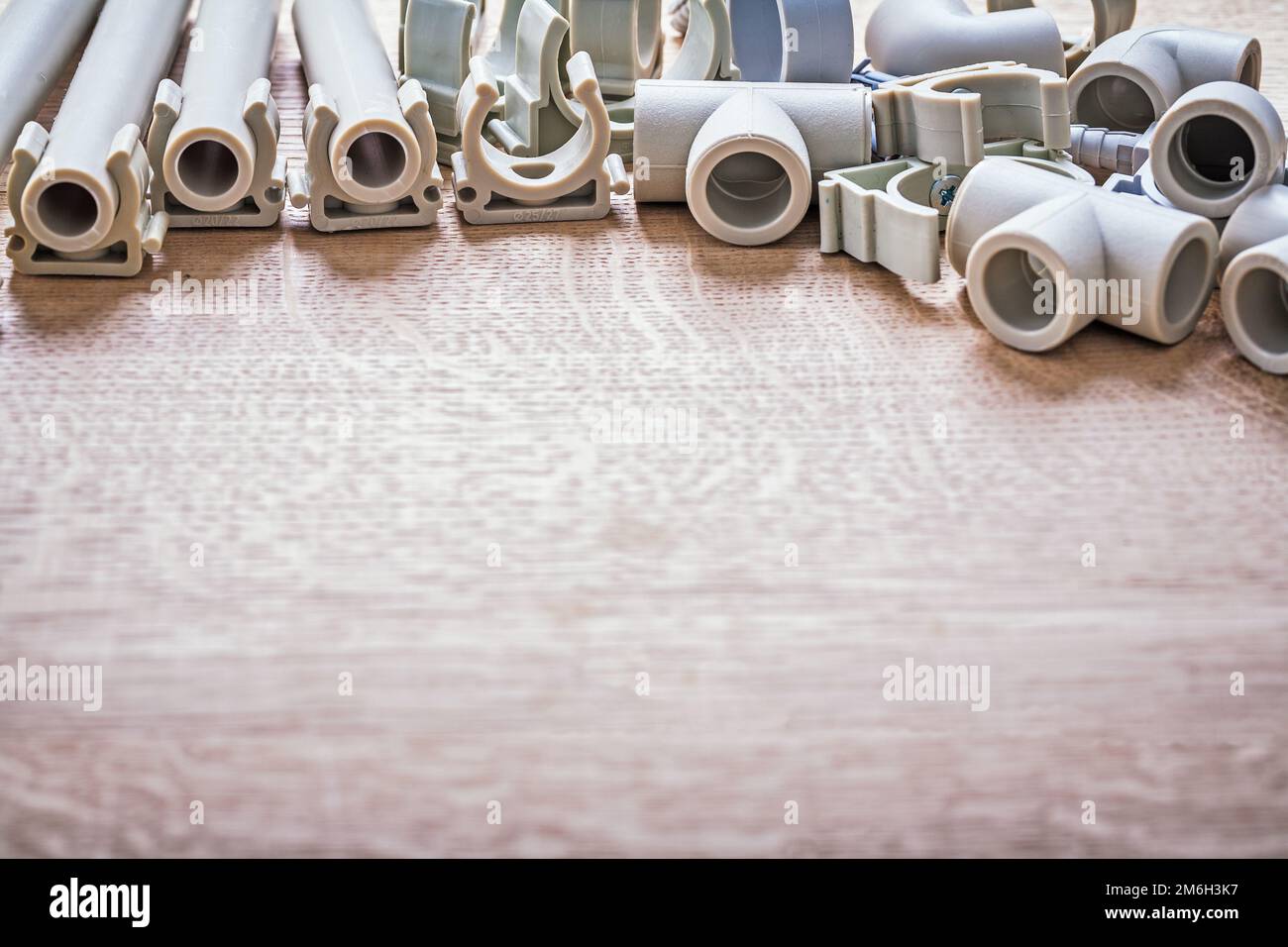 Big Set Polypropylene Fixators And Pipe With Clips Fittings Close Up ...