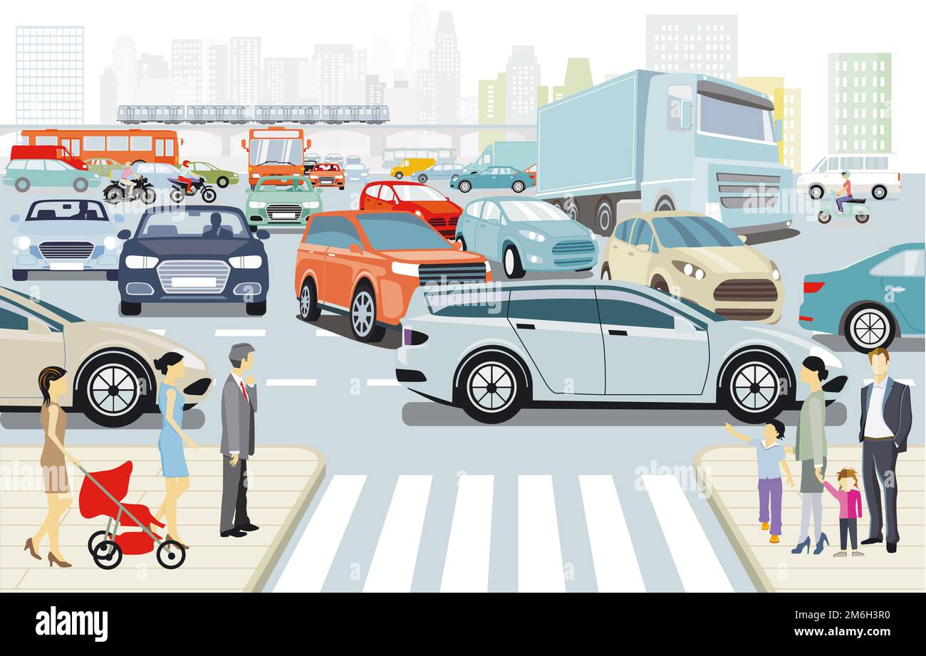 City in rush hour with an intersection in traffic jam and public ...