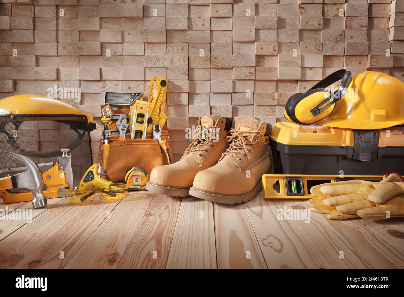 Big Set Of Various Working Tools On Background Stack Of Wooden Beams ...