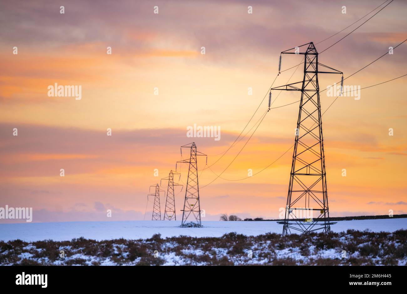 A view of electric pylons in the Scottish Borders. Pictured on a cold ...