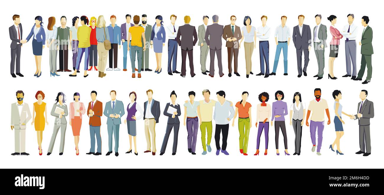 A large group of people, isolated on a white background, illustration ...