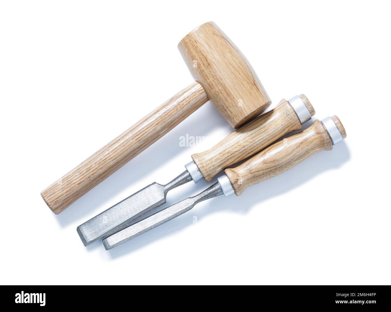 carpentry tools wooden mallet and chisels isolated on white Stock Photo ...