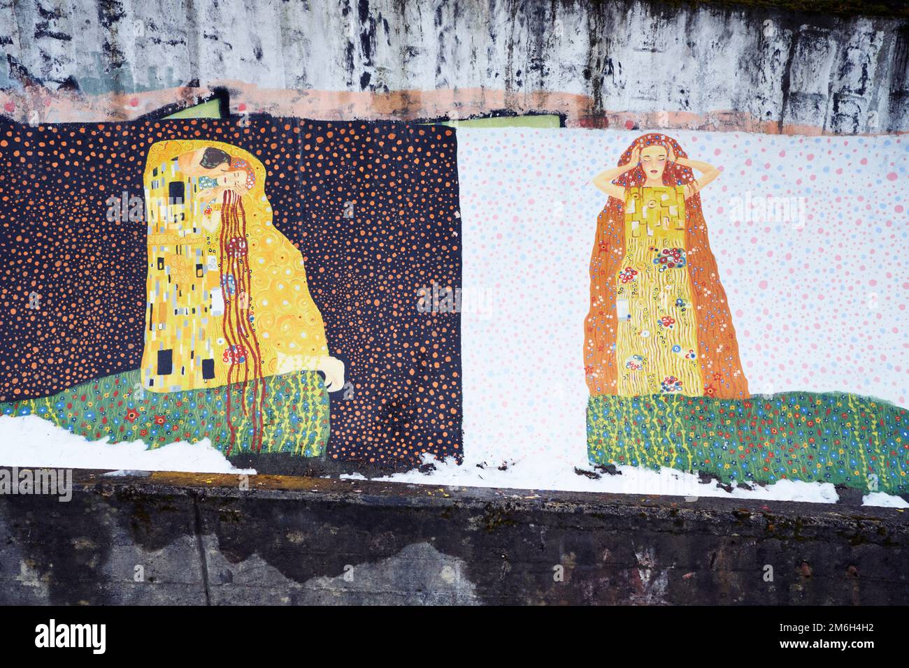 Graffiti artwork recreating work by Gustav Klimt on the disused Olympic ...