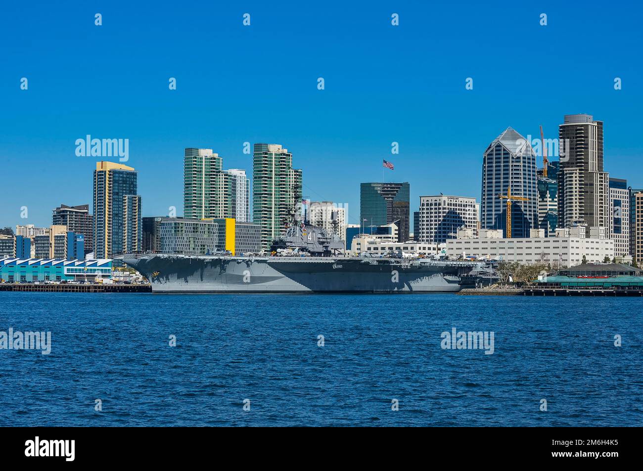 Skyline of San Diego with the USS Midway, California, USA Stock Photo ...