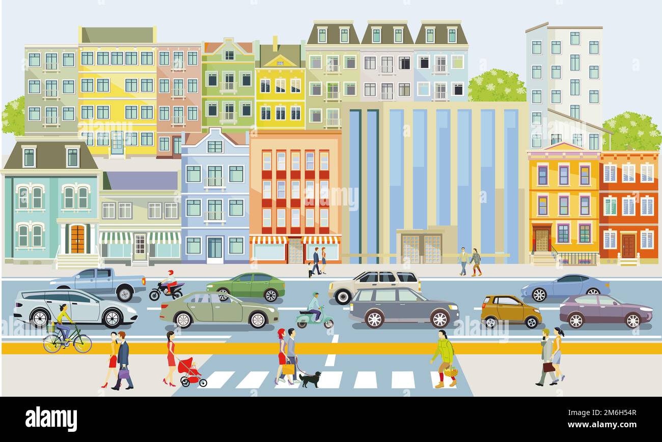 Big city with road traffic and public transport, illustration Stock ...